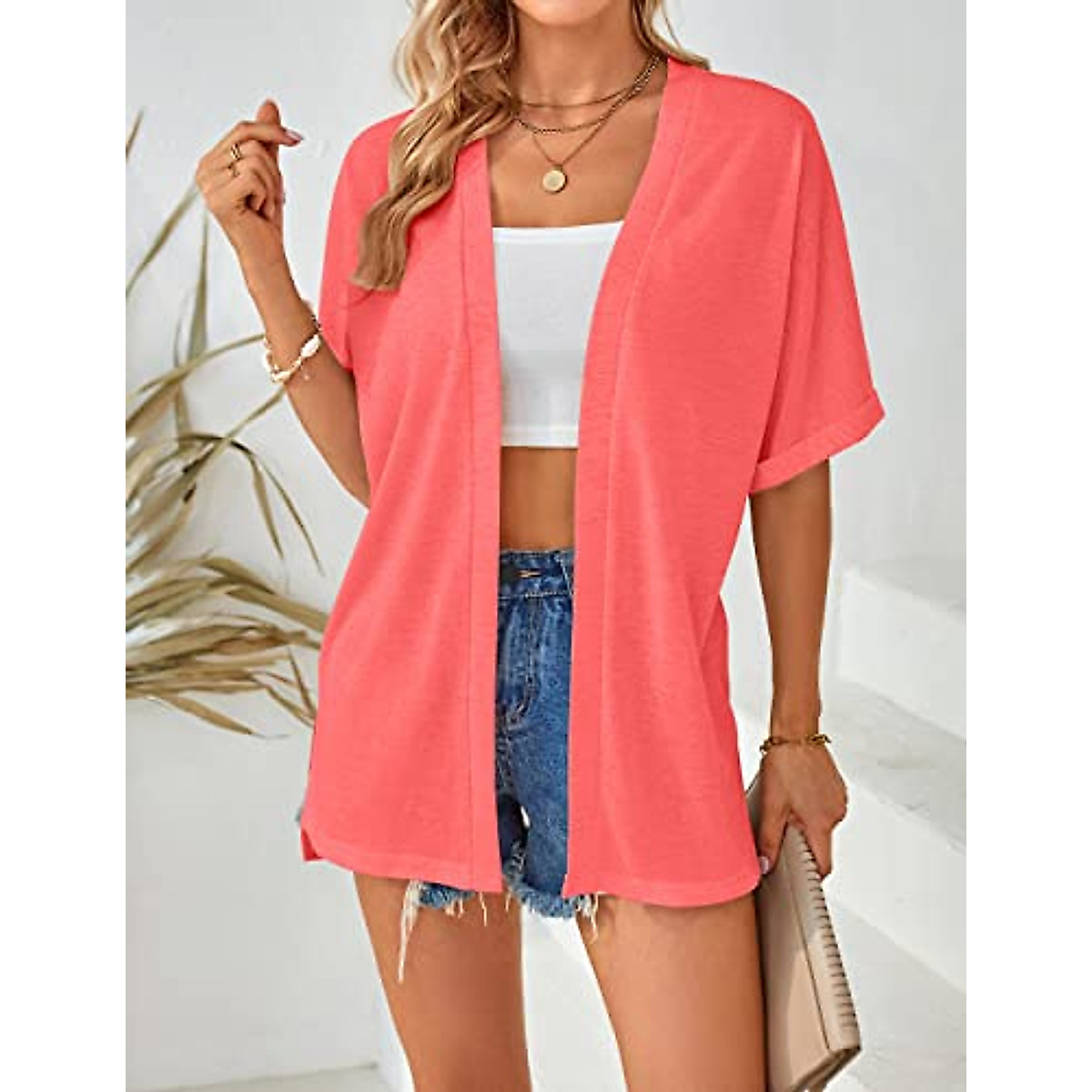 MEROKEETY Womens 2023 Summer Lightweight Cardigan Short Sleeve Open Front Casual Loose Cover Ups,Coral,XXL
