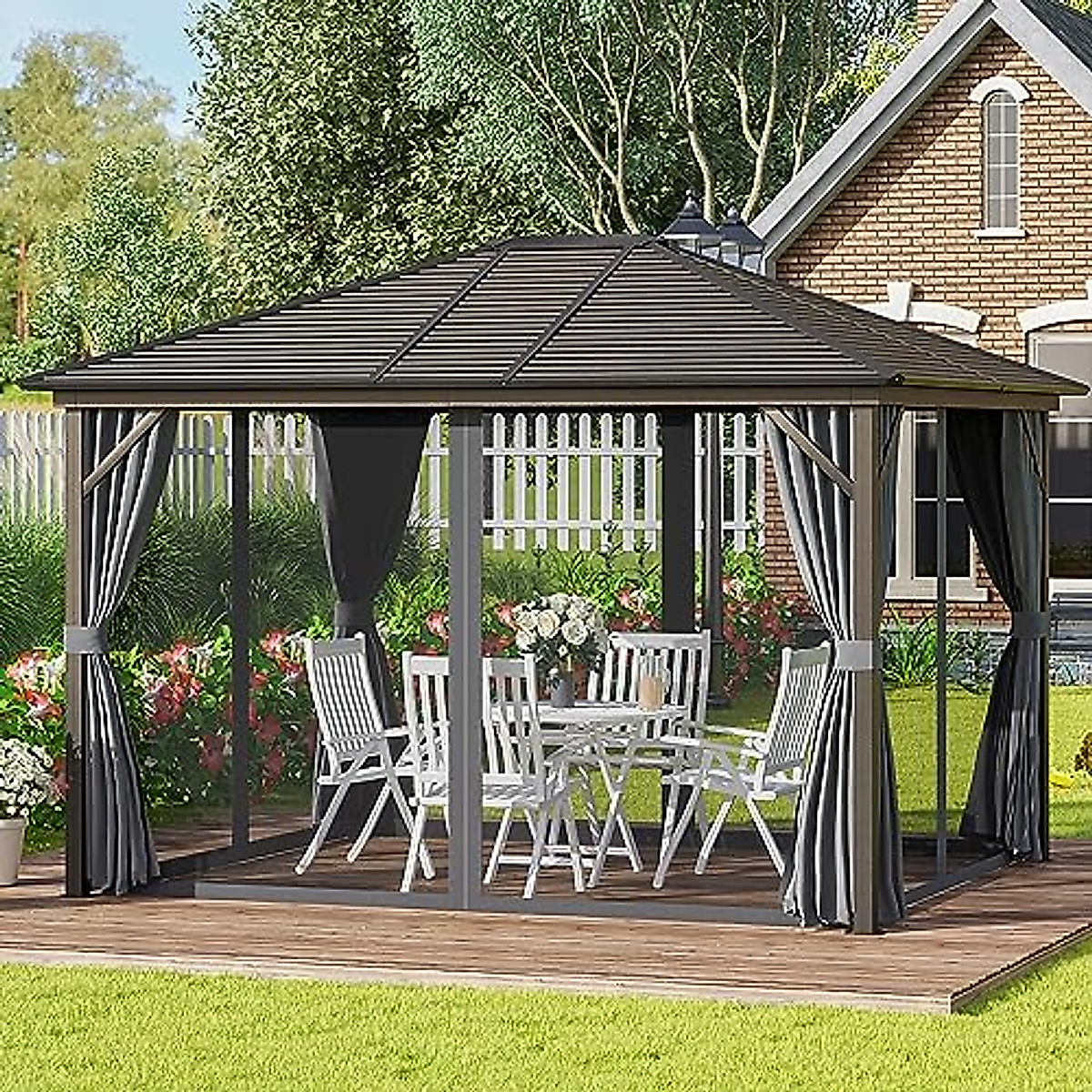BBQ Gazebo Canopy 10 x 12' Deluxe Gazebo Patio Canopy Hard Top Outdoor Event W/Double Netting Grill Gazebo Shelter for Patio, Garden