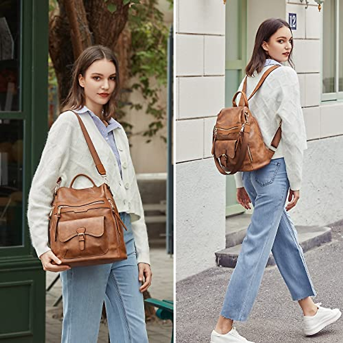 OUKUPA Fashion Backpack Purses for Women Men,Leather Convertible Shoulder Satchel Handbags Designer Anti-theft Travel College Backpacks Ladies Bookbag Waterproof Lightweight Multipurpose Brown