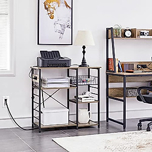 Yaheetech Baker's Rack with Power Outlet, 4-Tier Coffee Bar Station Microwave Stand with Wire Basket and 6 S-Shaped Hooks, Durable Kitchen Storage Shelf Ample Cart, Gray