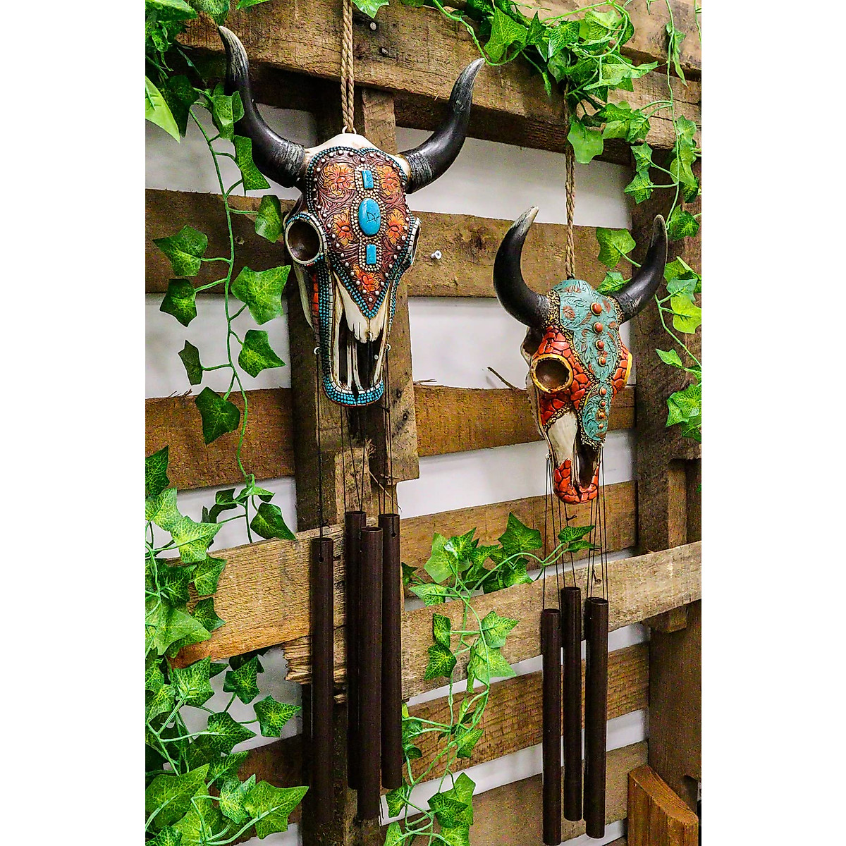 Ebros Gift Pack of 2 Rustic Western Faux Tooled Leather Ornate Bison Cow Skull with Turquoise and Ember Gems Decorative Wind Chimes Garden Patio Mobile Figurines Country Tribal Southwestern Accent