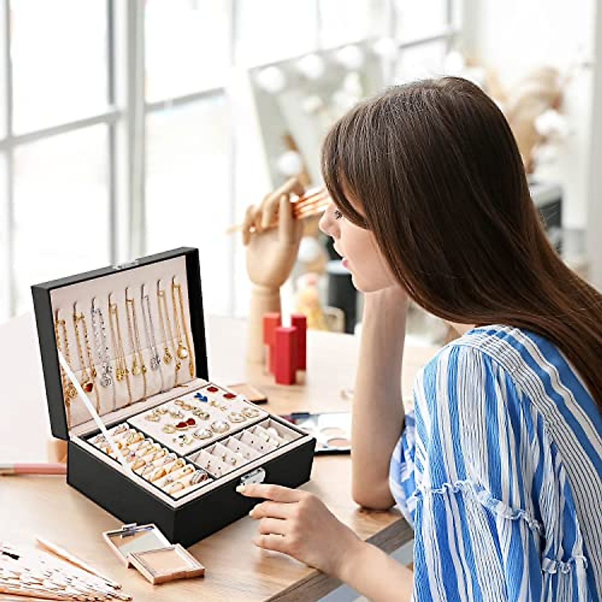 GOLVER Two Layer Jewelry Organizer for Women Girls Jewelry Box for Earring Necklaces Watch Ring Bracelet With An Extra Small Jewelry Case for Travel Black (2 Pack)