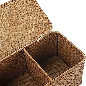 DOKOT Woven Basket with Lid, Seagrass Storage Baskets, Wicker Basket with Lid, Woven Rattan Storage Basket with Lid, Rectangular Seagrass Bin with Grid Home Organizer, Rattan Storage with Lid