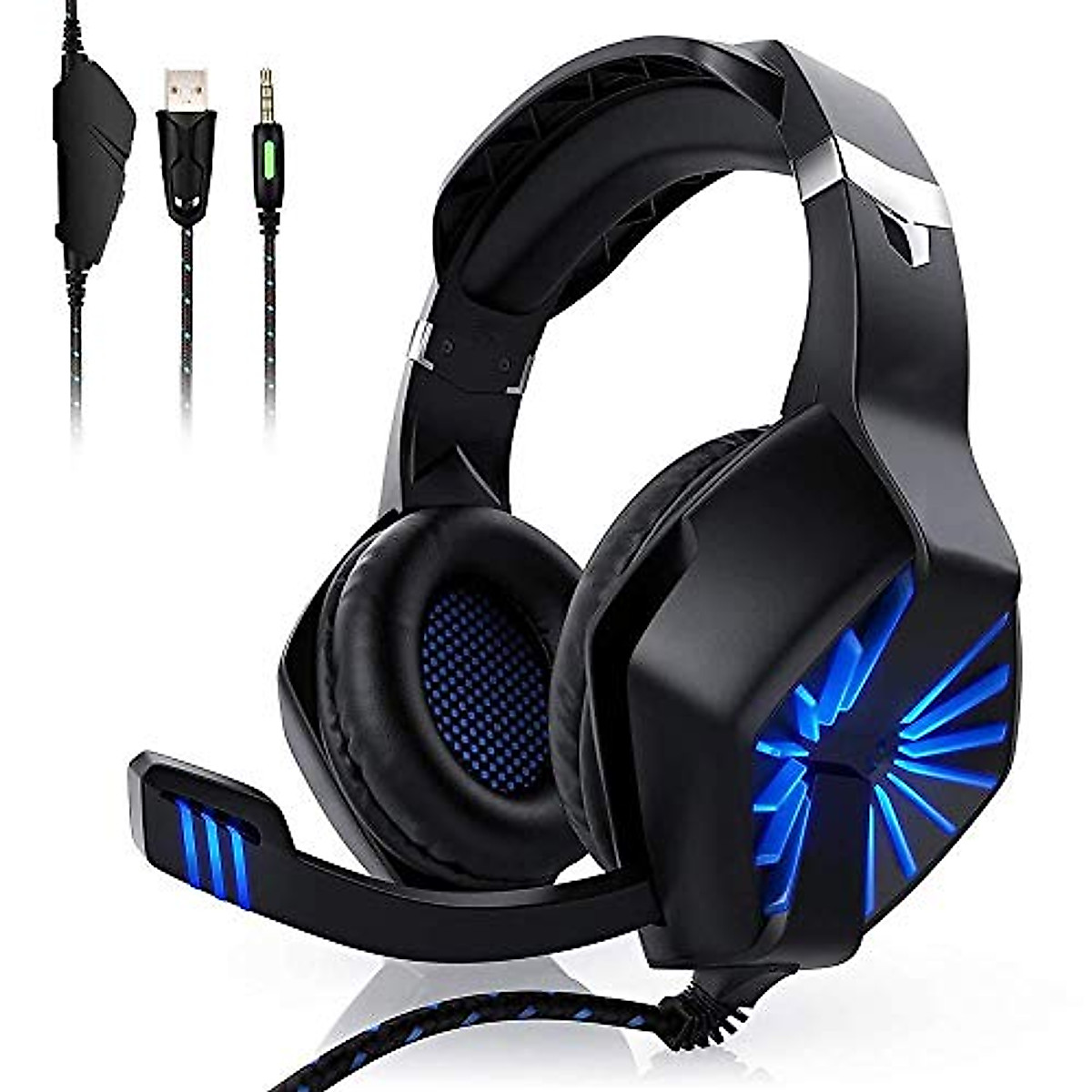 Gaming Headset PS4 - Stereo Surround Sound Gaming Headset with Noise Cancelling Mic & in-Line Control, Over-Ear Gaming Headphones with LED Light,
