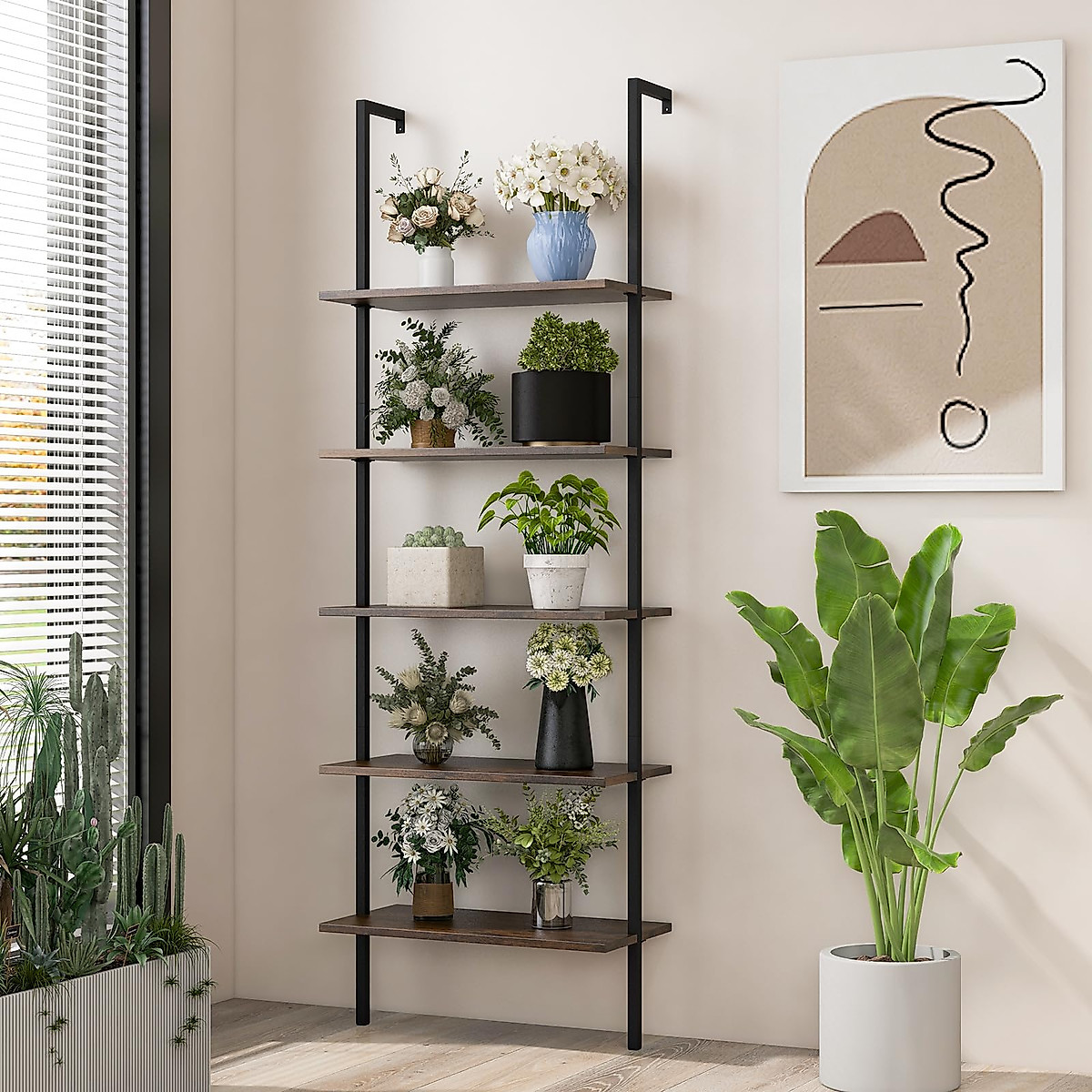 Tangkula 5-Tier Bookshelf, Modern Wall Mounted Ladder Shelf, 5 Tiers Wood Wall Open Bookcase with Metal Frame, Home Office Display Storage Shelves for Collection, Plant Flower Stand (1, Brown)