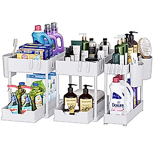 3 Pack Puricon Under Sink Organizer Pull Out Under Sink Storage, 2 Tier Multi-Purpose Sliding Under the Sink Organizer Bathroom Kitchen Sink Organizer Under Cabinet Shelf for Cleaning Supplies -White
