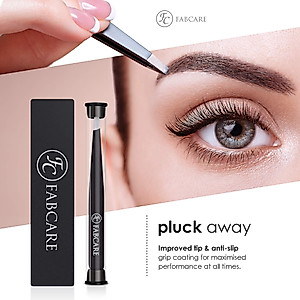 FABCARE Tweezers for plucking eyebrows with slanted tips, includes case, professional non-slip coating, high-quality tool for hair removal, suitable for men and women, precise and durable design.