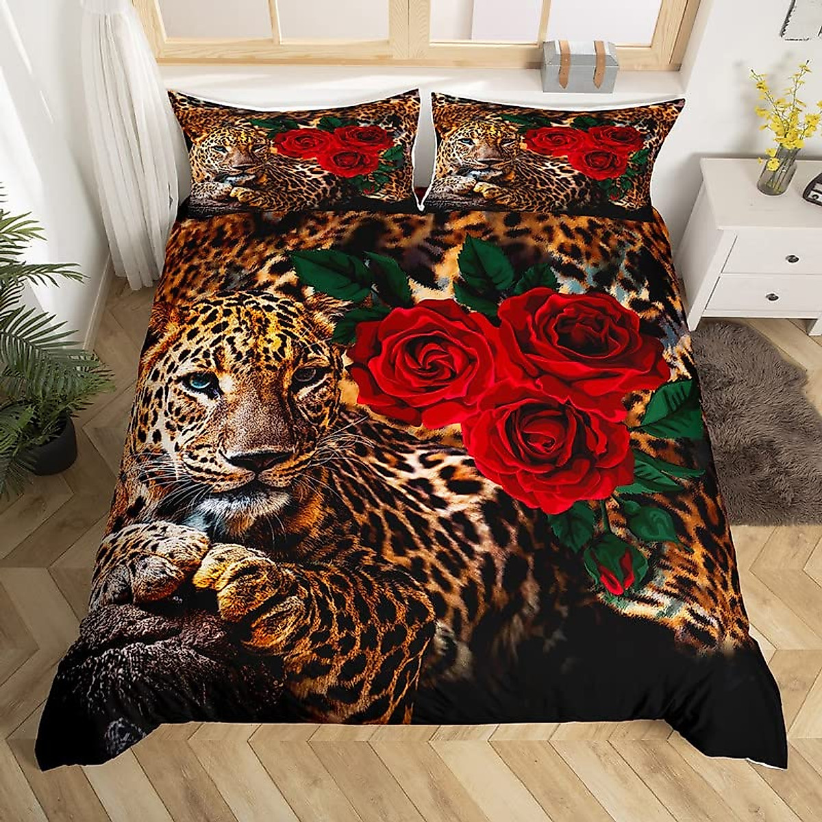 Feelyou Leopard Bedding Set for Girls Boys Kids Rose Cheetah Print Comforter Cover Set Room Decorative Leopard Pattern Duvet Cover Safari Yellow Red Bedspread Cover Room Decor Quilt Cover Queen Size