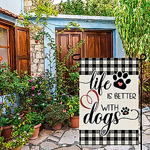 CROWNED BEAUTY Life Is Better with Dogs Garden Flag 12x18 Inch Double Sided Buffalo Plaid Outside Pet Welcome Yard Farmhouse Decor CF502