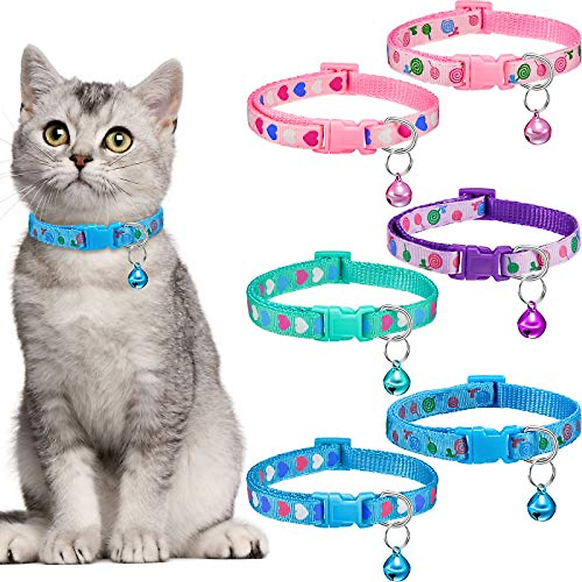 6 Pieces Cat Collar with Bell Kitten Breakaway Collar Heart Pattern Adjustable Safe Baby Kitten Collars Lollipop Spring Summer Cat Collars for Girl Boy Cats