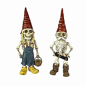 JARPSIRY 2PCS Male and Female Halloween Skeleton Gnome Couple Garden Gnomes Statue Zombie Gnome Sculptures Resin Dwarf Figurines for Indoor Home Ornaments Outdoor Patio Yard Lawn Porch Decor