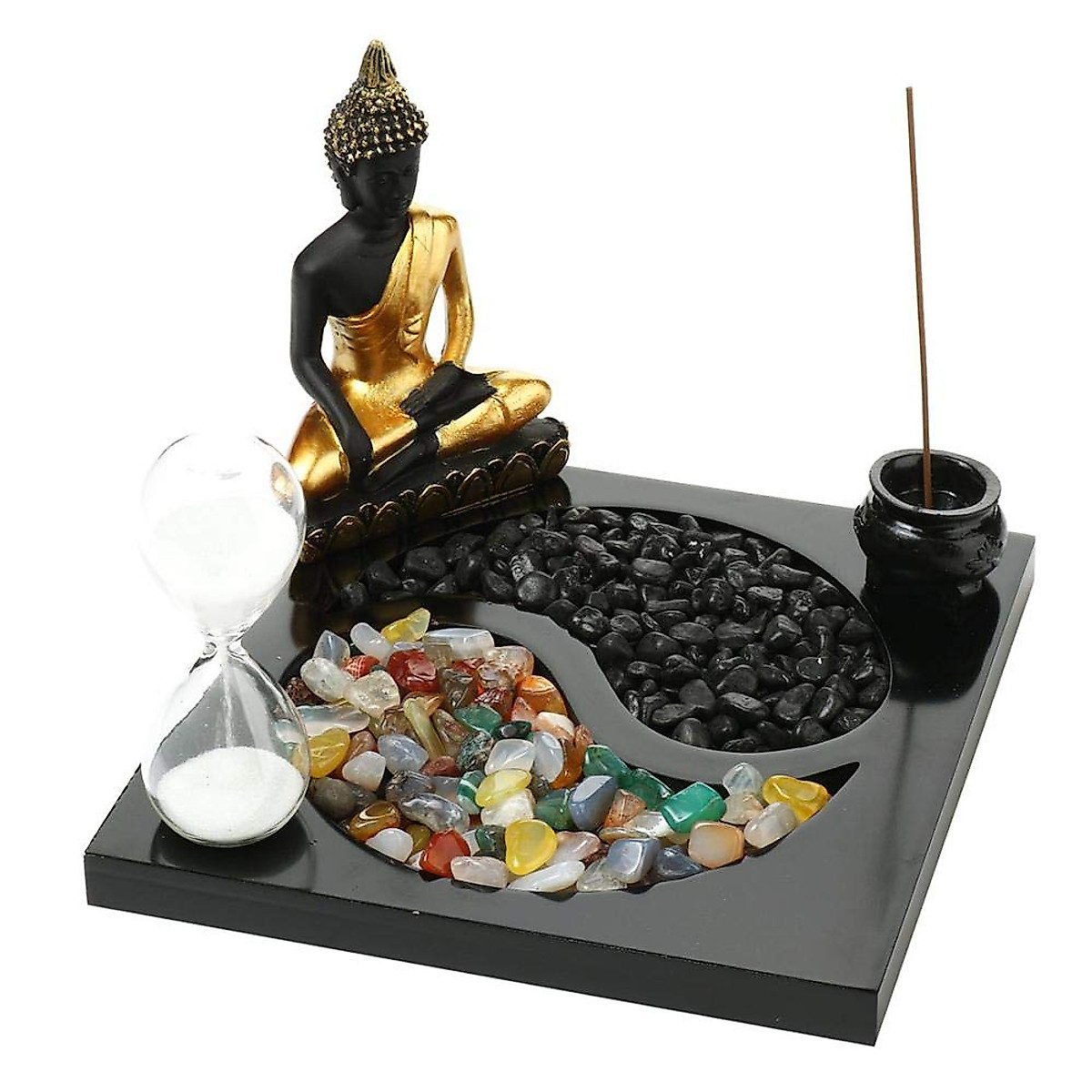 Tmore Sitting Buddha Candle Holders Zen Garden Tabletop Vintage Incense Holders White Sand and Natural Stone Rattan Incense Gift Set (with Hourglass)