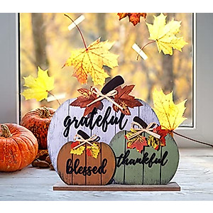 CYNOSA Fall Decorations for Home Blessed Grateful Thankful Sign Fall Decor Thanksgiving Decorations Wooden Pumpkin Tabletop Signs for Home Thanksgiving Farmhouse Living Room Harvest