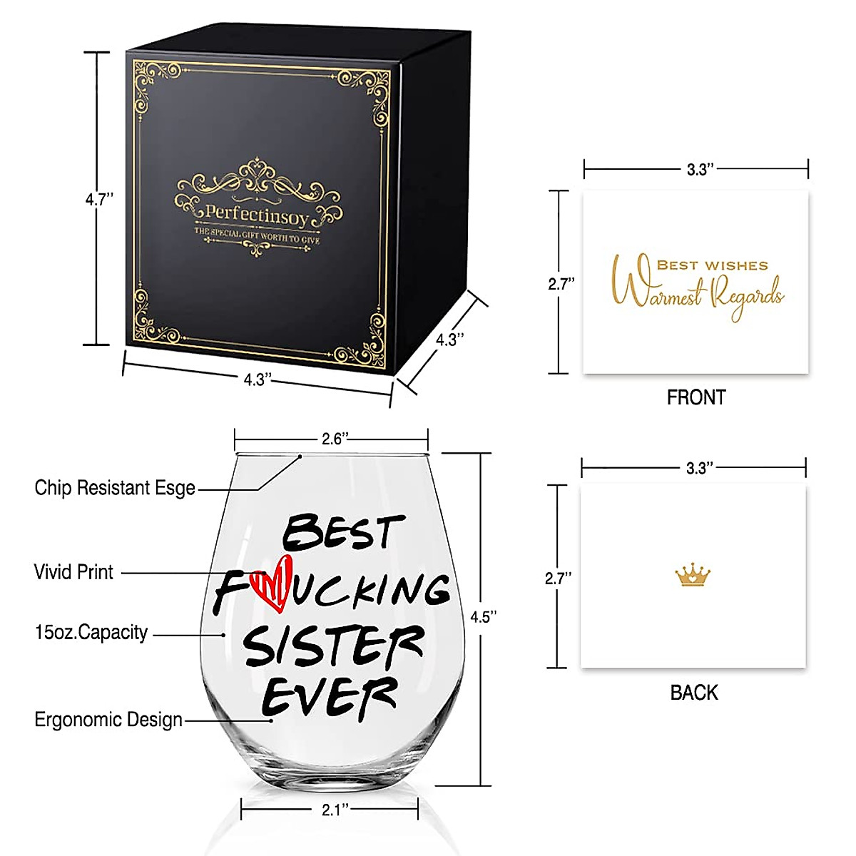 Perfectinsoy Sister Gifts Stemless Wine Glass with Gift Box, Best Sister Ever, Great Wine Glass Gifts for Sister Women Soul Sister BFF Sister in Law, Sister Birthday Gifts for Women