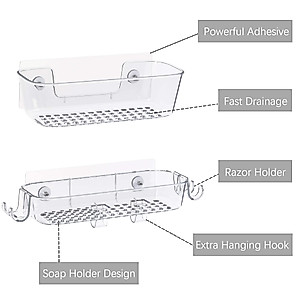 TZAMLI Shower Caddy, Adhesive Shower Organizer Rustproof Shower Shelf with Razor Holder and Hook, Shower Rack for Bathroom Storage (Clear, 2 Pack)