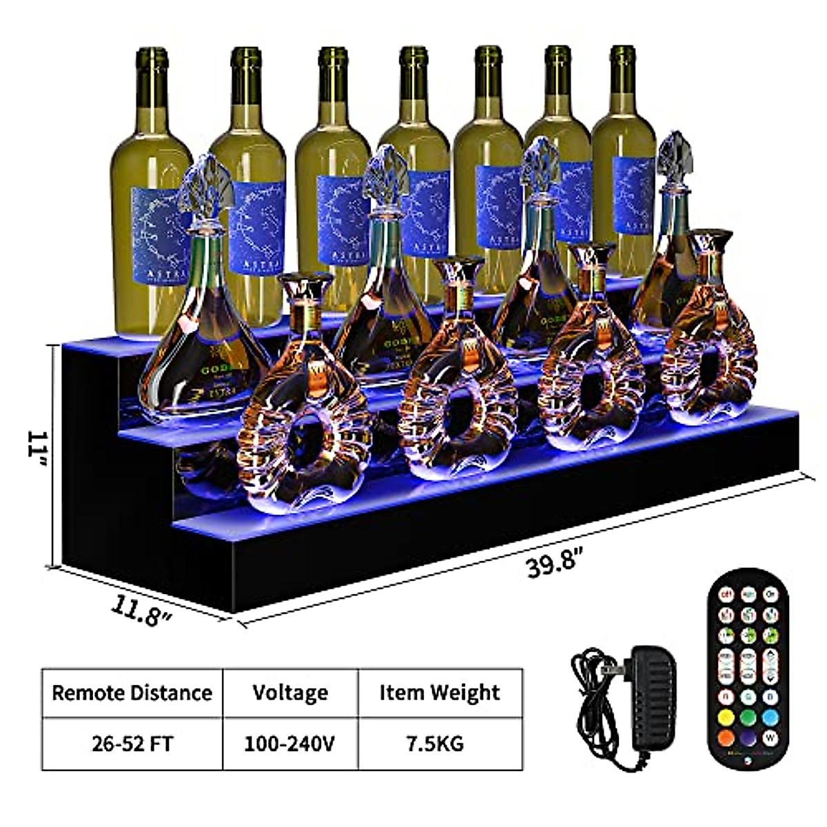 YITAHOME LED Lighted Liquor Bottle Display Shelf Supports USB & Power Bank, 3-Step 40-inch Bar Liquor Alcohol Shelf for Home Decoration Counter Party, Acrylic Whiskey Rack Stand with Remote & App Control