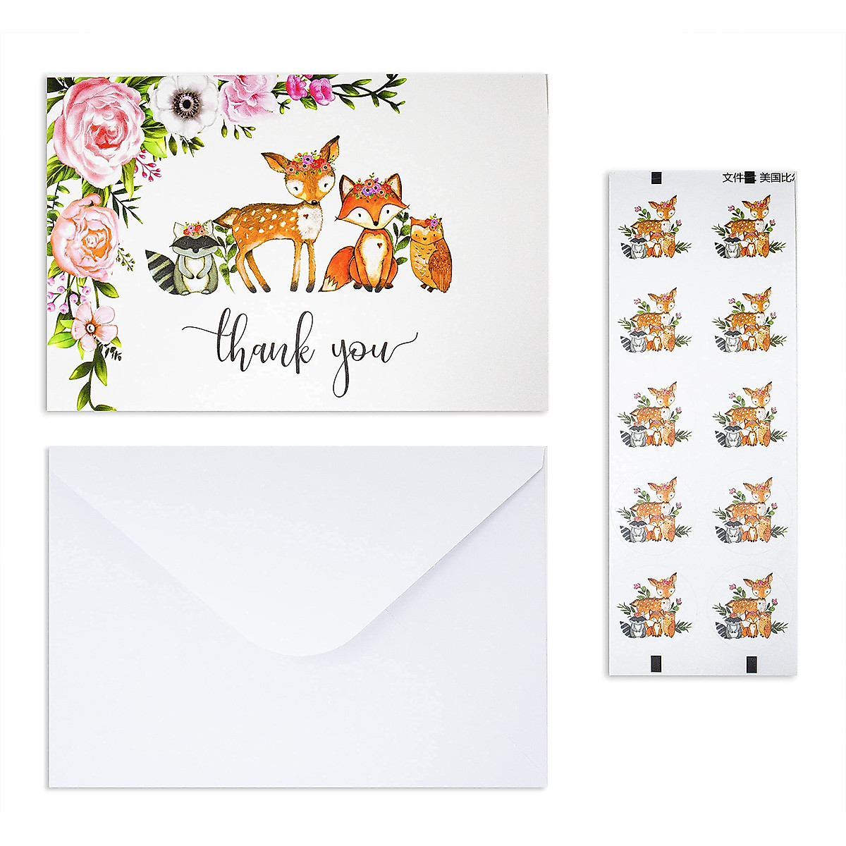 50 Pack Watercolor Girl Woodland Greenery Thank You Cards, Cute Thank You Notes with Envelopes & Stickers, Baby Shower, Birthday any Occasion Large Size 4x6 Animal Fox Raccoon Deer Owl Gratitude For Party, Children Stationery
