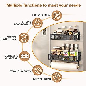 JAILOG 2 Pack Magnetic Spice Rack for Refrigerator with Upgraded Paper Towel Holder，Moveable Magnetic Shelf Fridge Organizer for Kitchen Organizer Storage (Black)