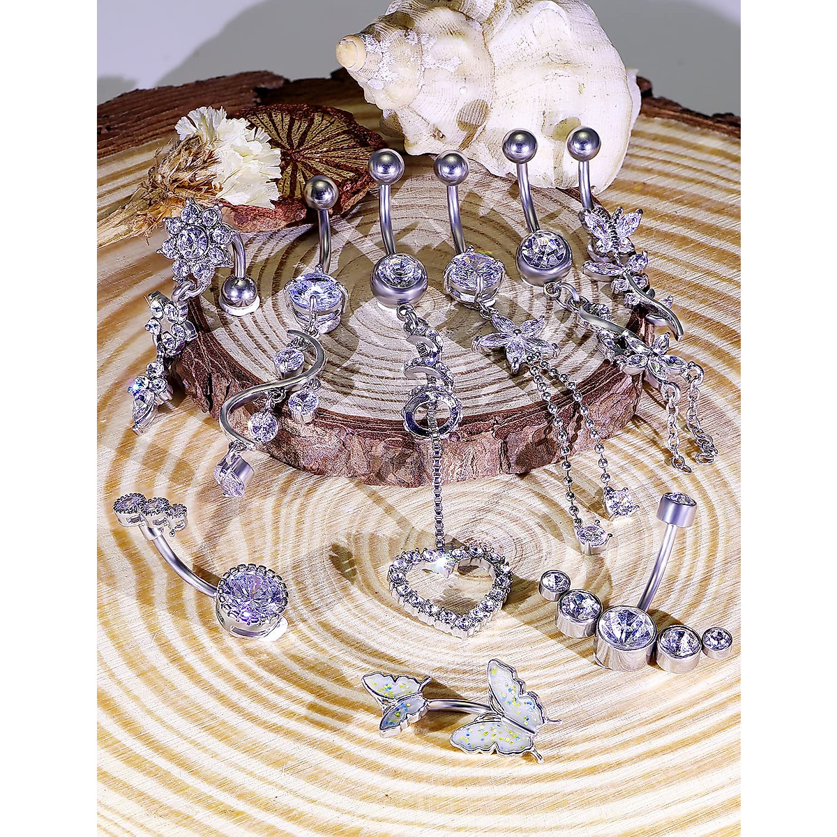 Ocptiy 14G Belly Button Ring for Womne Surgical Stainless Steel Curved Silver Dangle Butterfly Hypoallergenic Dangle Cute Navel Belly Rings Barbell Bar Hoop Body Piercing Jewelry for Women 10mm