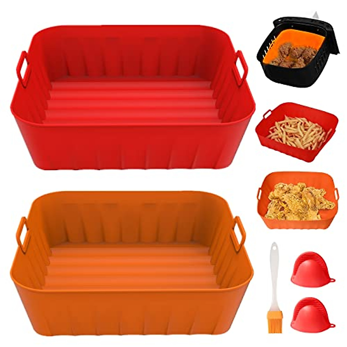 2-Pack Air Fryer Silicone Liners Square, 8.3 inch Silicone Air Fryer Basket or Liners for 4 to 8 QT Reusable Air Fryer Pot for Oven Microwave Accessories (Red+Orange)