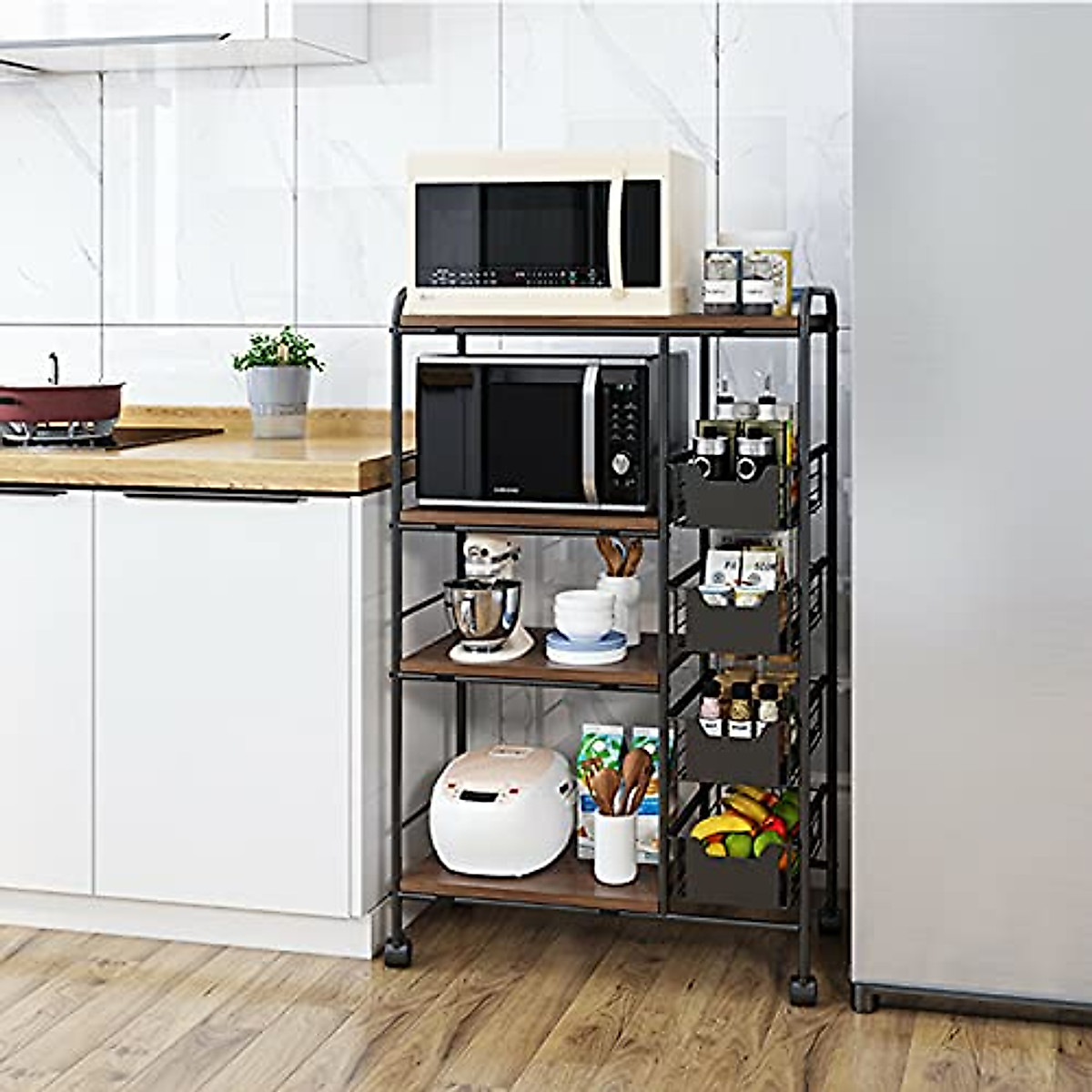 Slim Storage Cart - 4 Tier Bathroom Organizer Mobile Shelving Unit, Rolling Utility Cart Slide Out Organizer for Kitchen, Bathroom, Laundry, Narrow Places