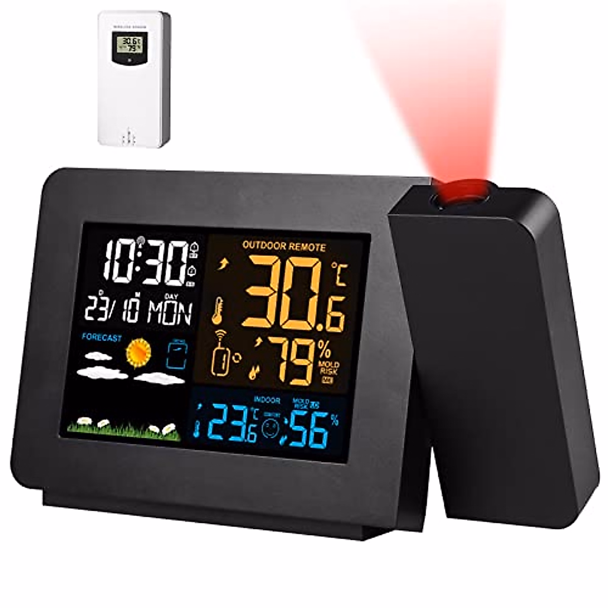 iMounTEK Atomic Projection Alarm Clock Digital Alarm Clock Night Light Clock Radio Control Clock with WWVB Function Weather Station Dual Alarms Snooze Outdoor Wireless Temperature Humidity Sensor