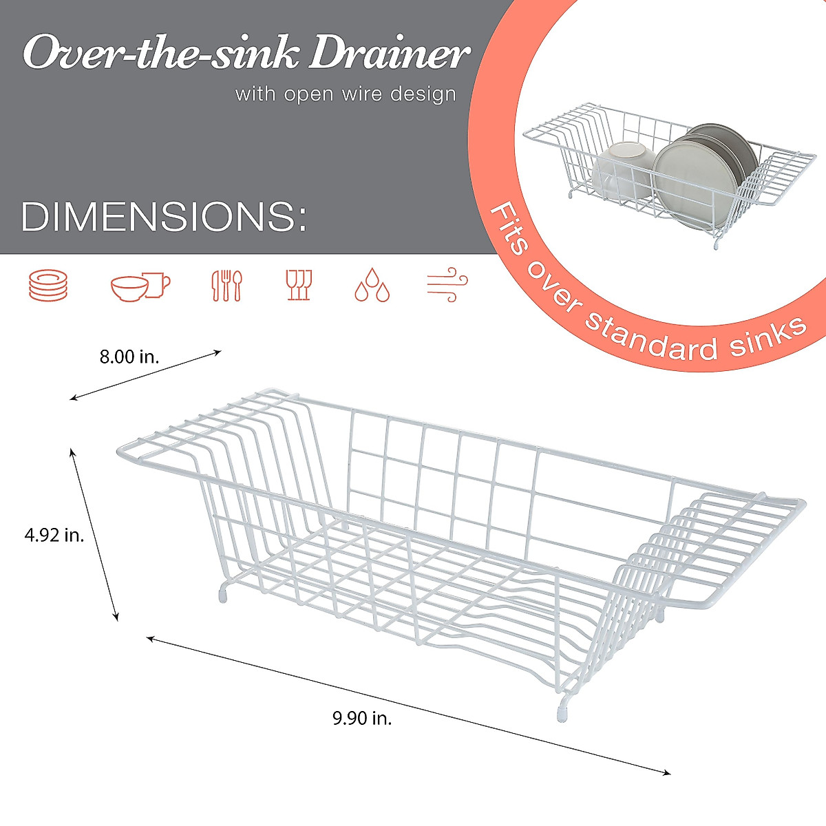 Kitchen Details Sink Dish Drainer Drying Rack, for Countertop, Space Saving, in White