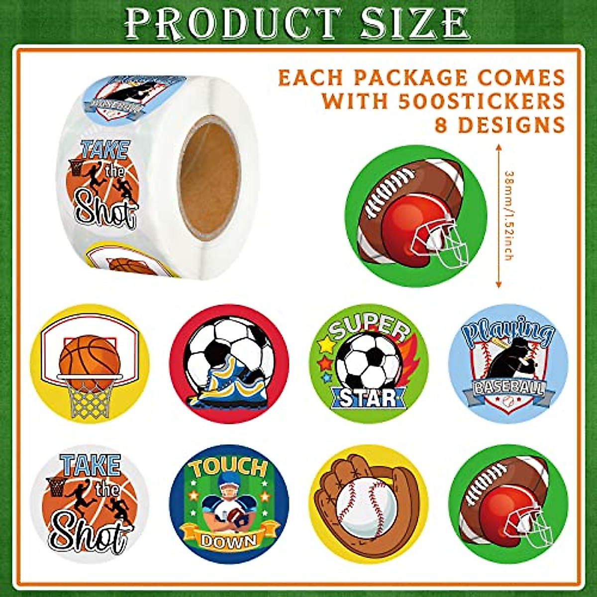 500 Pcs Sports Roll Stickers for Laptop Scrapbook Skateboard Luggage Helmet, Football Soccer Baseball Basketball Decals School Rewards for Kids Teens Adults Party Favors 8 Designs (Mixed Balls)
