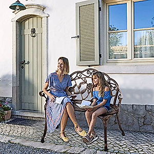 Patio Garden Bench Outdoor Metal Rose Loveseat,39in Cast Iron Well-Crafted Floral Back Antique Finish Park Chair,Accented Lawn Front Porch Path Yard Bronze Decor Deck Furniture for 2|Easy Assembly