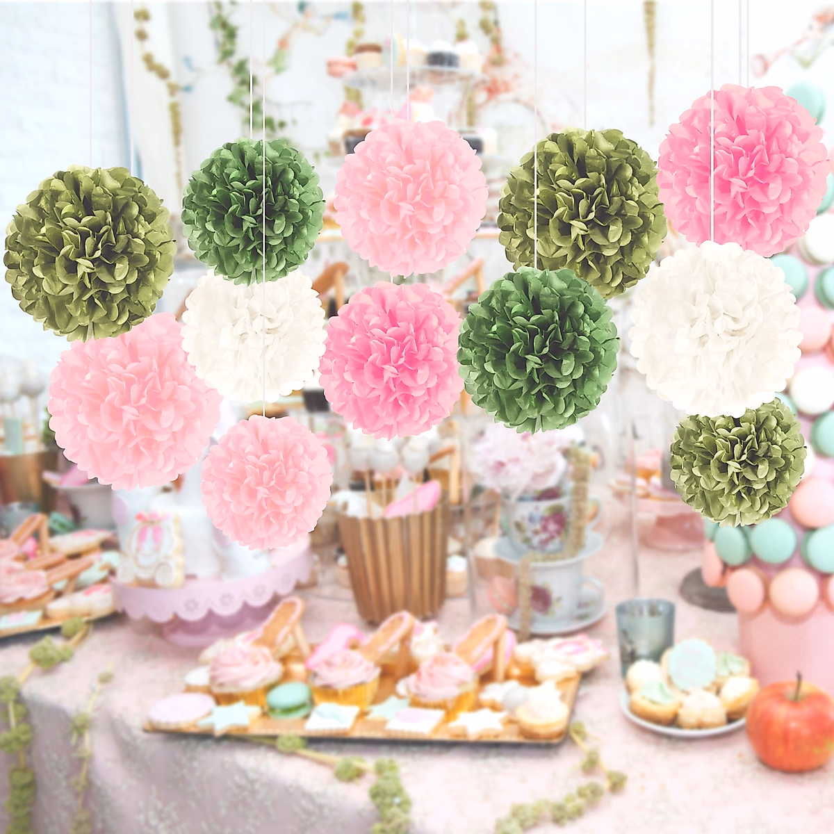 MEIYKO Baby Shower Decorations, 12PCS Sage Green Pink White Tissue Paper Pom Poms for Boho Bridal Shower Birthday Wedding Shower Engagement Party Decorations