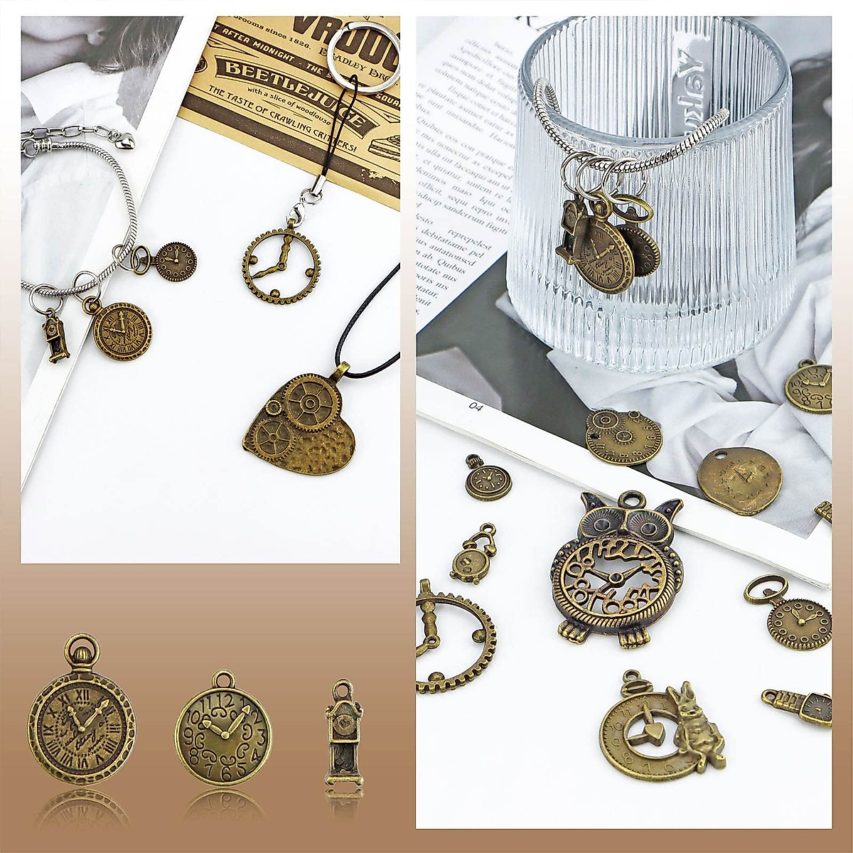 JIALEEY Antiqued Bronze Clock Face Charm Pendant, Wholesale Bulk Lots Mixed Gears Steampunk Charms Pendants DIY for Necklace Bracelet Jewelry Making and Crafting, 100g(38PCS)