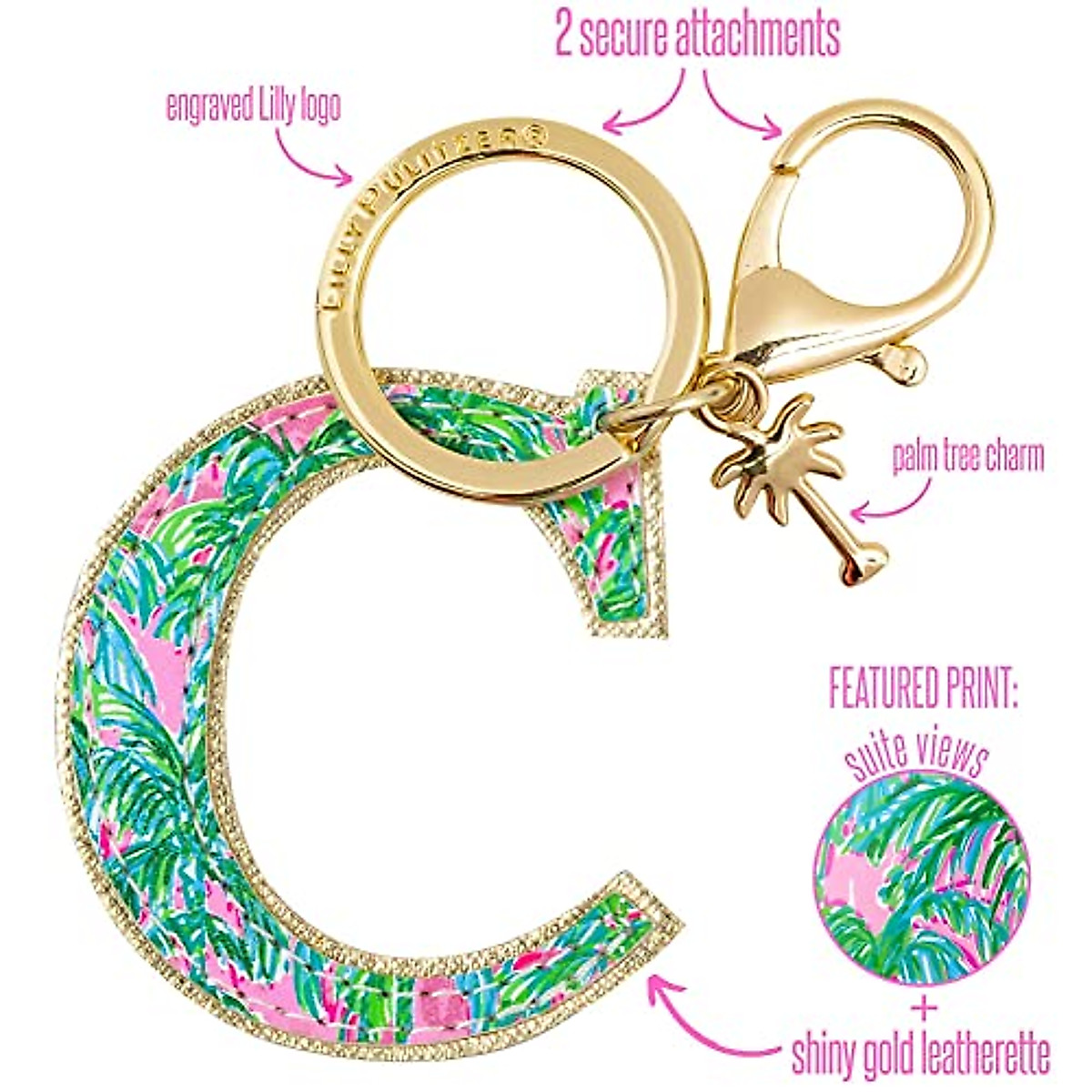 Lilly Pulitzer Leatherette Initial Keychain, Letter Bag Charm for Women, Suite Views (C)