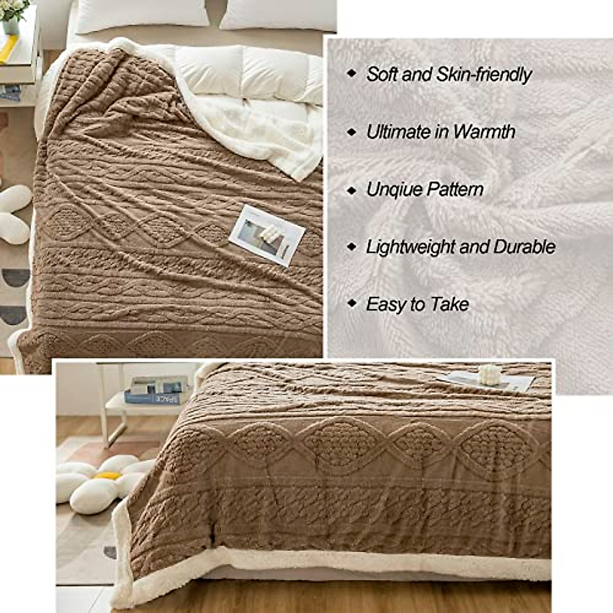 Warm Sherpa Fleece Throw Blanket Thick Throw Soft Plush Fluffy Boho Tufted Blanket for Bed Sofa Couch, Cozy Warm Velvet Fleece Throw for Winter, Camel 50''x60''