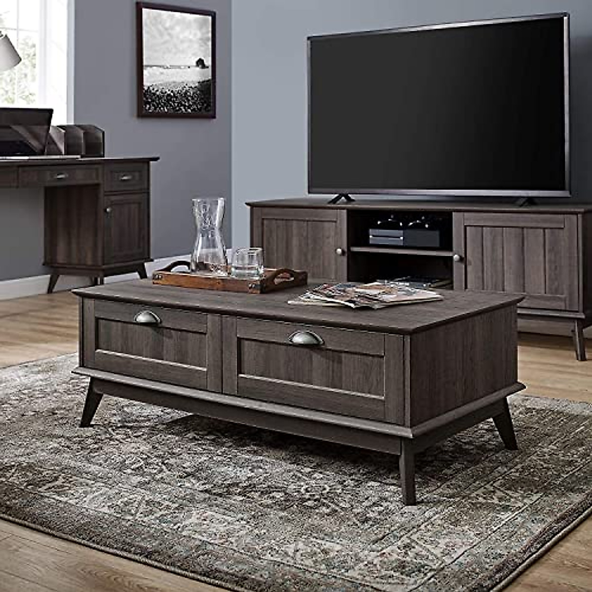 Newport Series Tall Center Coffee Table with Two Fully Extended Drawers | Sturdy and Stylish | Easy Assembly| Smoke Oak Wood Look Accent Living Room Home Furniture