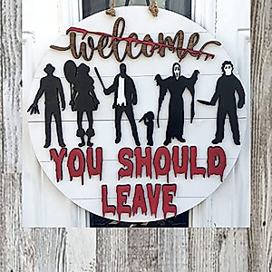GUAGLL Horror Wooden Door Sign Welcome Sign, 12" Halloween Party Holiday Decoration Prop