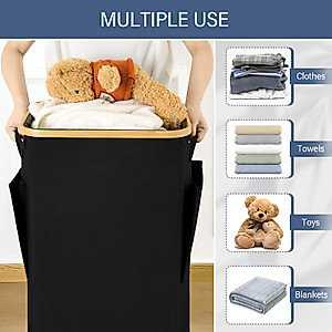 LOCHAS Laundry Hamper with Lid, 100L Clothes Hamper with 2 Pockets and Removable Bag, Black Large Laundry Basket with Handles, Tall Dirty Clothes Hamper for Bathroom, Bedroom, Dorm, Laundry Room