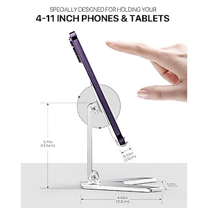 MoKo Tablet/Phone Stand, Foldable Aluminum Desk Phone Stand for iPhone/Tablet 4-11", Fit with iPhone 16/Pro/Pro Max/Plus, iPhone 14 Pro Max/14, iPad Air 4/Mini 6, iPad Pro 11, iPad 10.2 10th, Silver