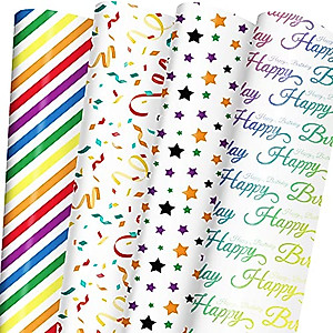 WAPLIGHAL Birthday Wrapping Paper for Kids Boys Girls Adults Baby Shower - Gift Wrapping Paper with Rainbow Stripe, Colorful Stars, Streamers, "Happy Birthday" Letters -20 X 29 Inch Per Sheet (8 Folded Sheets), Easy to Store