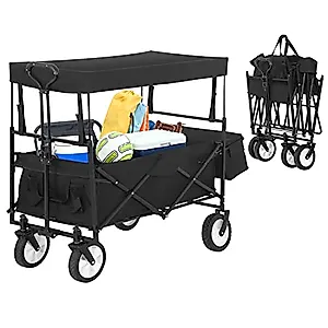 Folding Wagon Collapsible Wagon Garden Cart w/Removable Canopy Universal Wheels for Camping Picnic Outdoor Event,Black