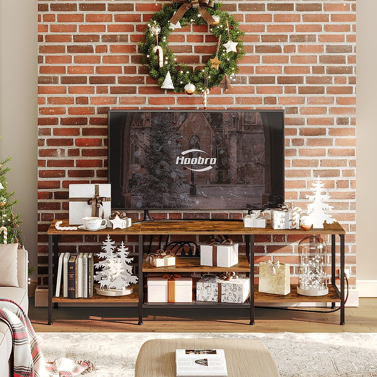 HOOBRO TV Stand with Power Outlets to 75 Inches, TV Console Table with Open Storage Shelves Cabinet, Industrial Media Entertainment Center for Living Room Bedroom, Rustic Brown and Black BF80DS01
