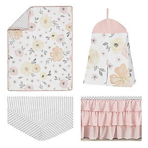 Sweet Jojo Designs Yellow and Pink Watercolor Floral Baby Girl Nursery Crib Bedding Set - 4 pieces - Blush Peach Orange Cream Grey and White Shabby Chic Rose Flower Farmhouse Polka Dot