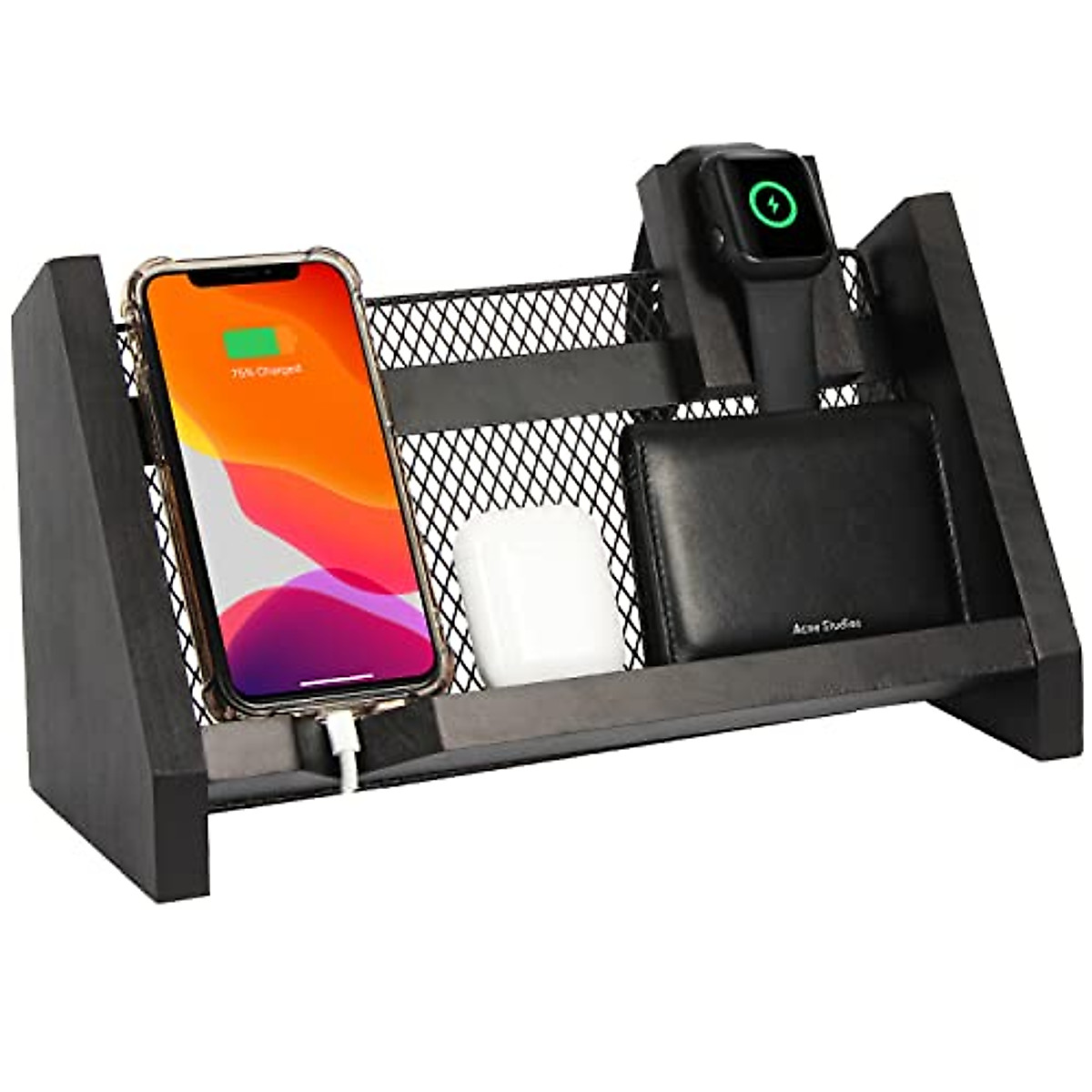 J JACKCUBE DESIGN Wood Phone Docking Station Stand, Key, Tablet, Watch, Airpods and Wallet Desk Holder Display Organizer for Men Anniversary Fathers Day MK635A