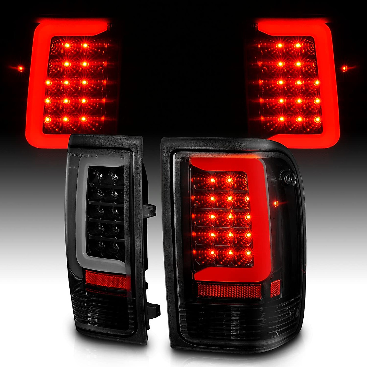 AmeriLite for 1993-1997 Ford Ranger Smoke Black C-Type LED Tube Replacement Taillights Set - Passenger and Driver Side