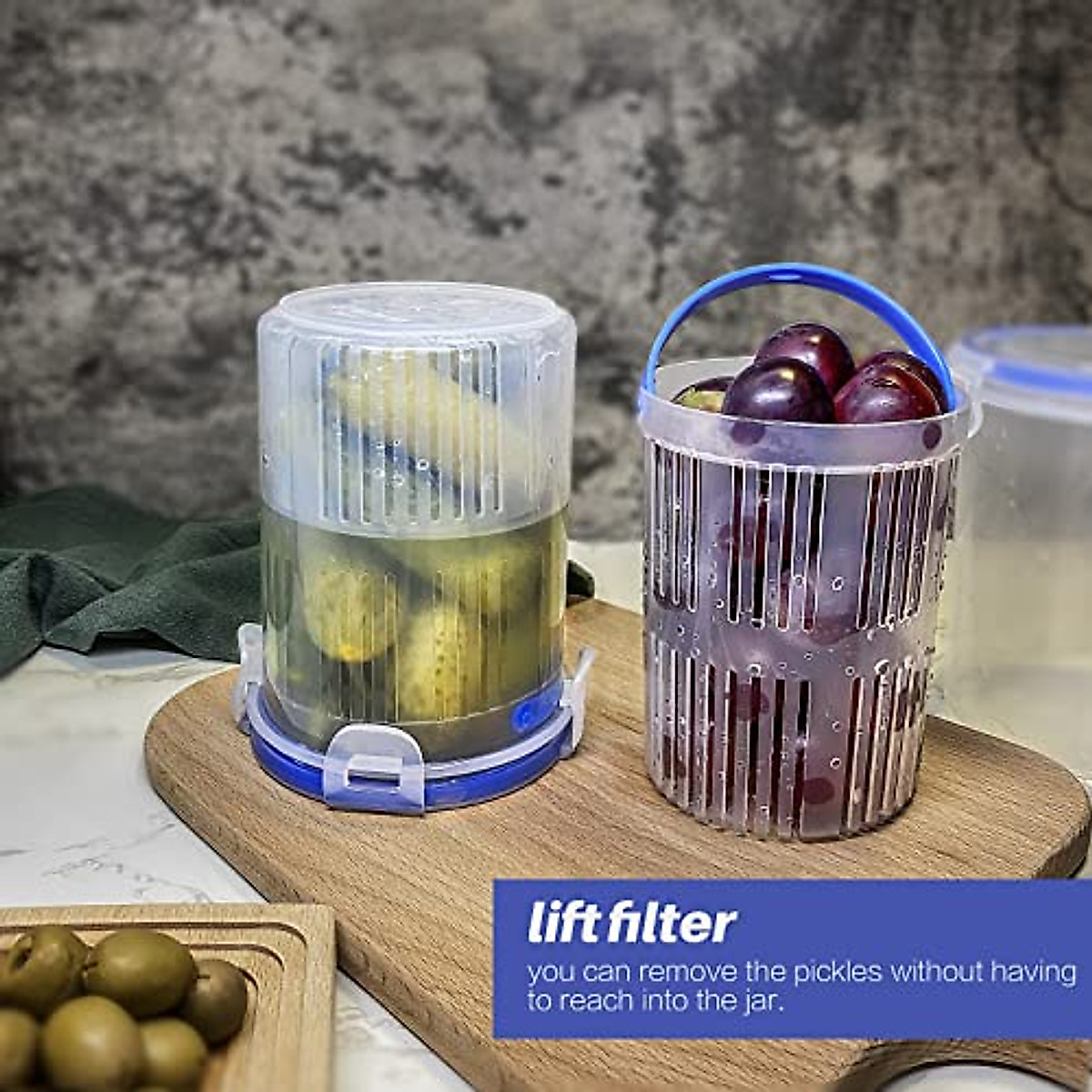 KIKINIKO Pickle Jar 24 oz pickle container with strainer Pickle Holder Keeper Lifter, pickle storage container pickle strainer,Flip Jar with Leak Proof and Lock It Lid