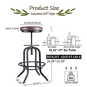 Set of 2 Industrial Bar Stool,Kitchen Stool-Adjustable Swivel Vintage Pu Leather Bar Stool-Rustic Bar Stool with Cushion Seat-Metal Iron Pipe Stool-Extra Tall Pub Height 25.39-31.29 Inch,Fully Welded
