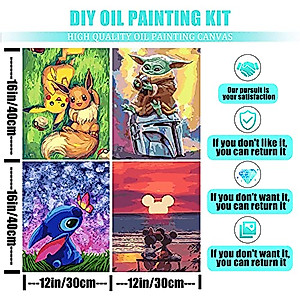Paint by Numbers for Adults,4 Pack Paint by Numbers for Kids Beginner, 12X16inch Drawing Paintwork with Paintbrushes,Cartoon Acrylic Paint Canvas Oil Painting