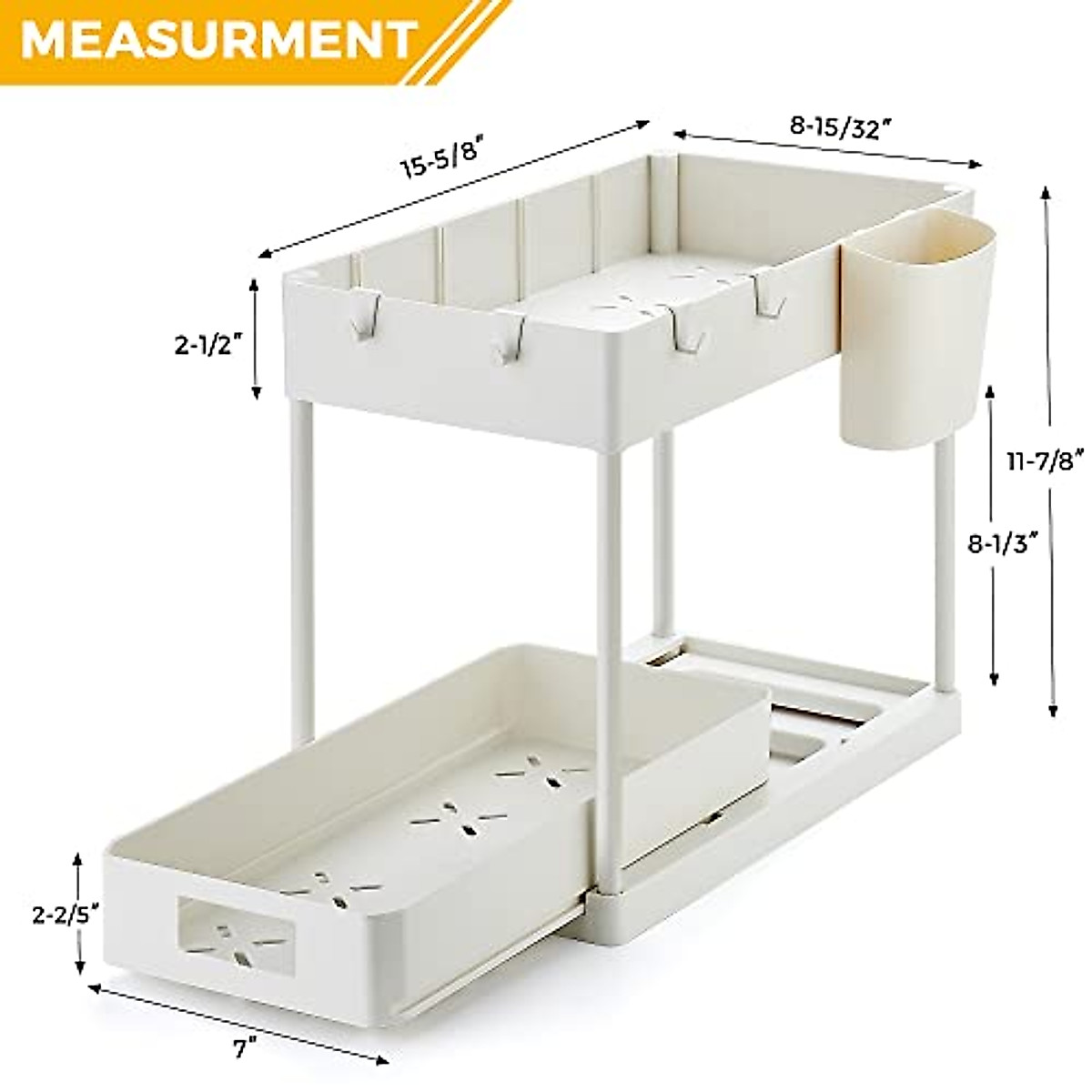 Ravinte 2 Pack Pull Out Under Sink Organizer 2 Tier Multi Purpose Sink Organizers Storage For Bathroom Kitchen Sink Storage Organizer With Hook & Hanging Cup White Sliding Cabinet Organizer
