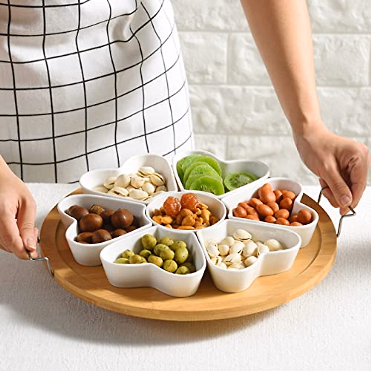 Dicunoy Set of 8 Appetizer Serving Tray, Ceramic Divided Relish Dish, Porcelain Veggies Serving Tray with Handle and Dip, White Platter for Fruit, Candy, Snacks, Taco Chips, Parties