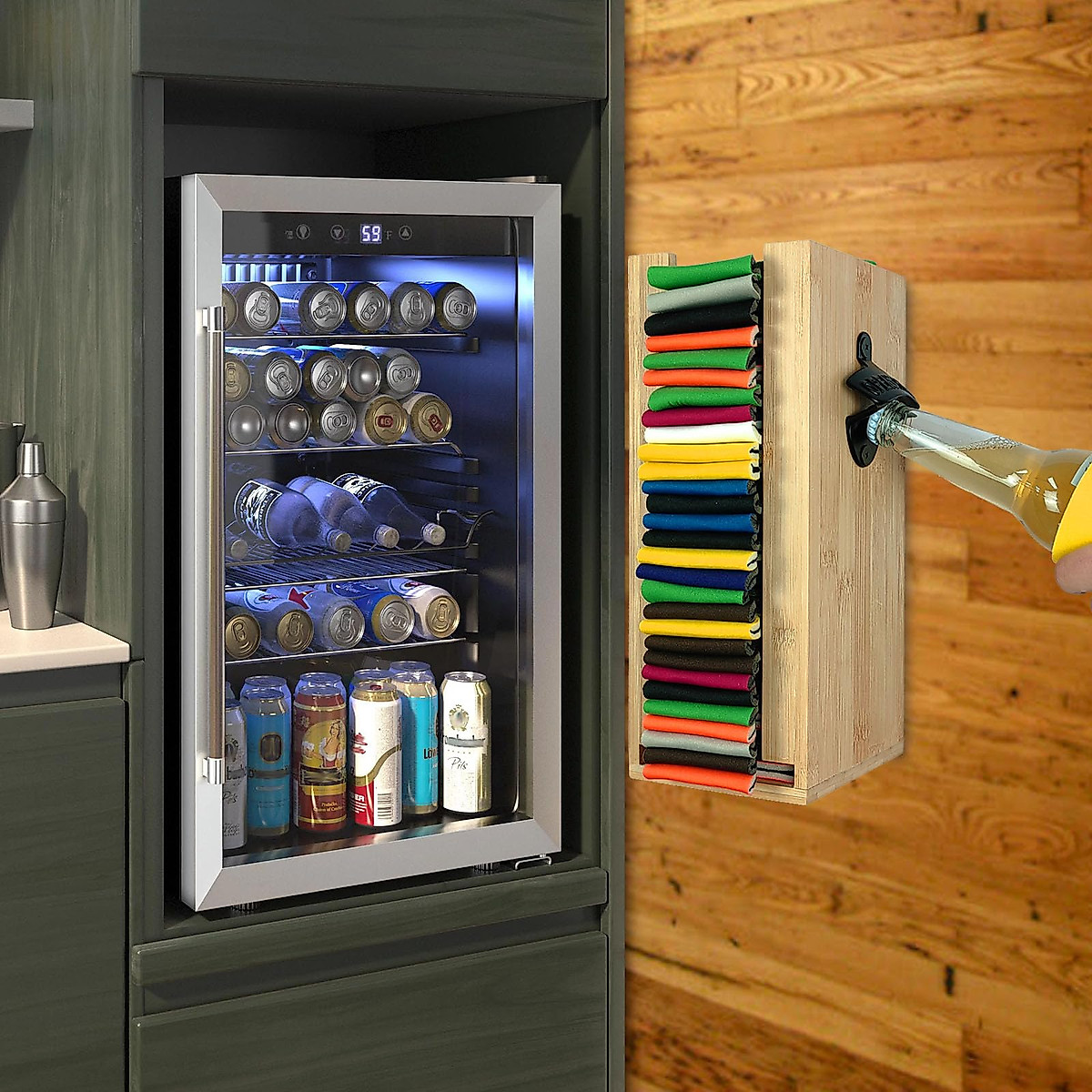 CRAKTH 2 in 1 Wooden Can Cooler Holder with Bottle Opener, Bamboo Beer Can Sleeves Storage Organizer and Dispenser, Great Gifts for Dad Beer Lovers, 12", Boyfriend Husband