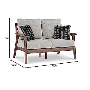 Signature Design by Ashley Emmeline Classic Outdoor HDPE Wood Look Framed Cushioned Loveseat, Beige & Gray